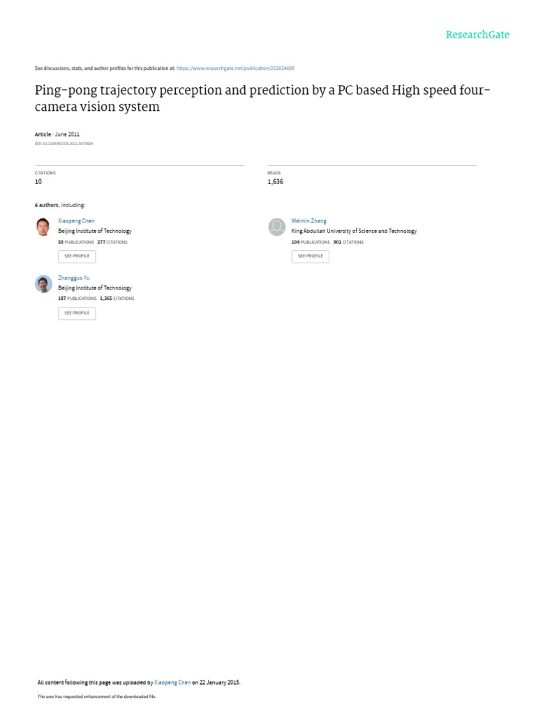Ping-Pong Trajectory Perception and Prediction by A PC Based High Speed Four-Camera Vision ...