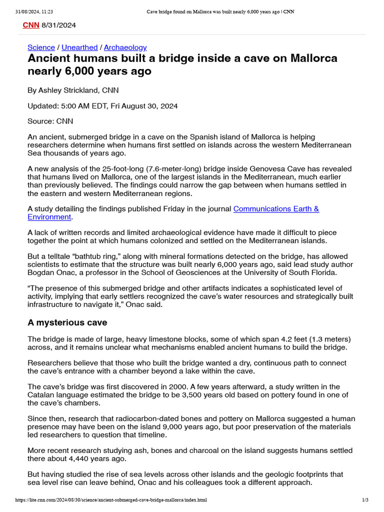 Cave bridge found on Mallorca was built nearly 6,000 years ago _ CNN | PDF