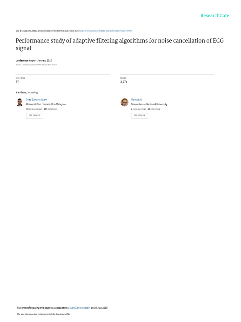 Performance Study of Adaptive Filtering Algorithms For Noise Cancellation of ECG Signal | PDF
