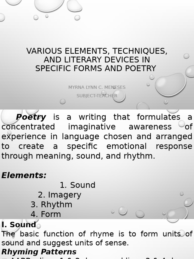 Lesson 2 Various Elements Techniques Literary Devices in Specific Forms ...