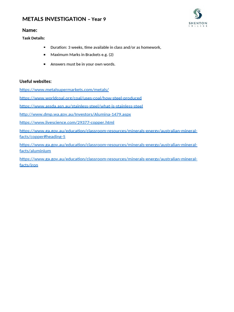 9DTE Metals Investigation Assignment 2024 - Task Sheet | PDF