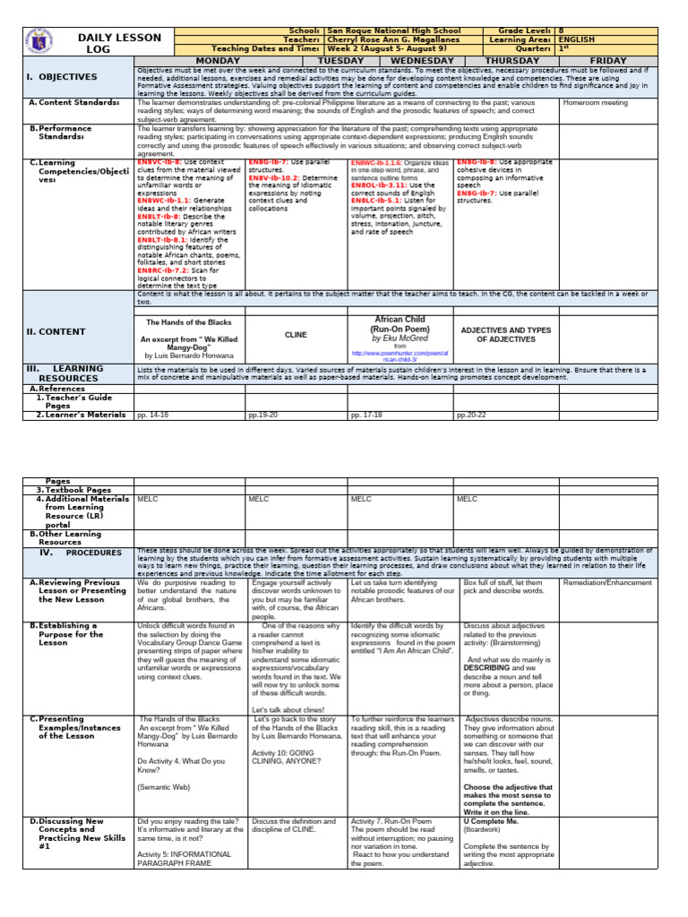 ENG8 1stQ 2nd Week | PDF | Learning | Language Arts & Discipline