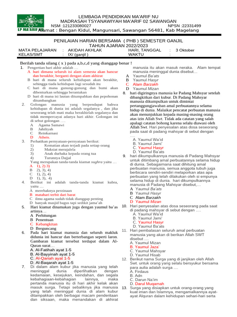 Soal PTS Aa KLS 9 2022-2023 | PDF