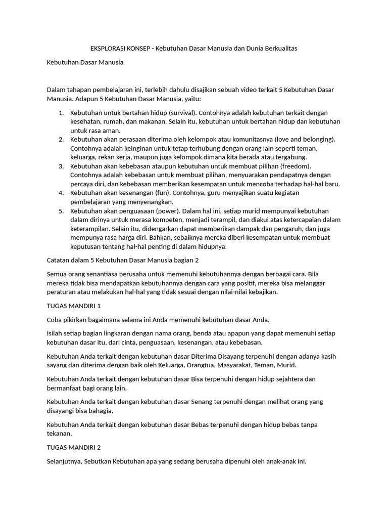 EKSPLORASI KONSEP - Kebutuhan Dasar Manusia Dan Dunia Berkualitas | PDF