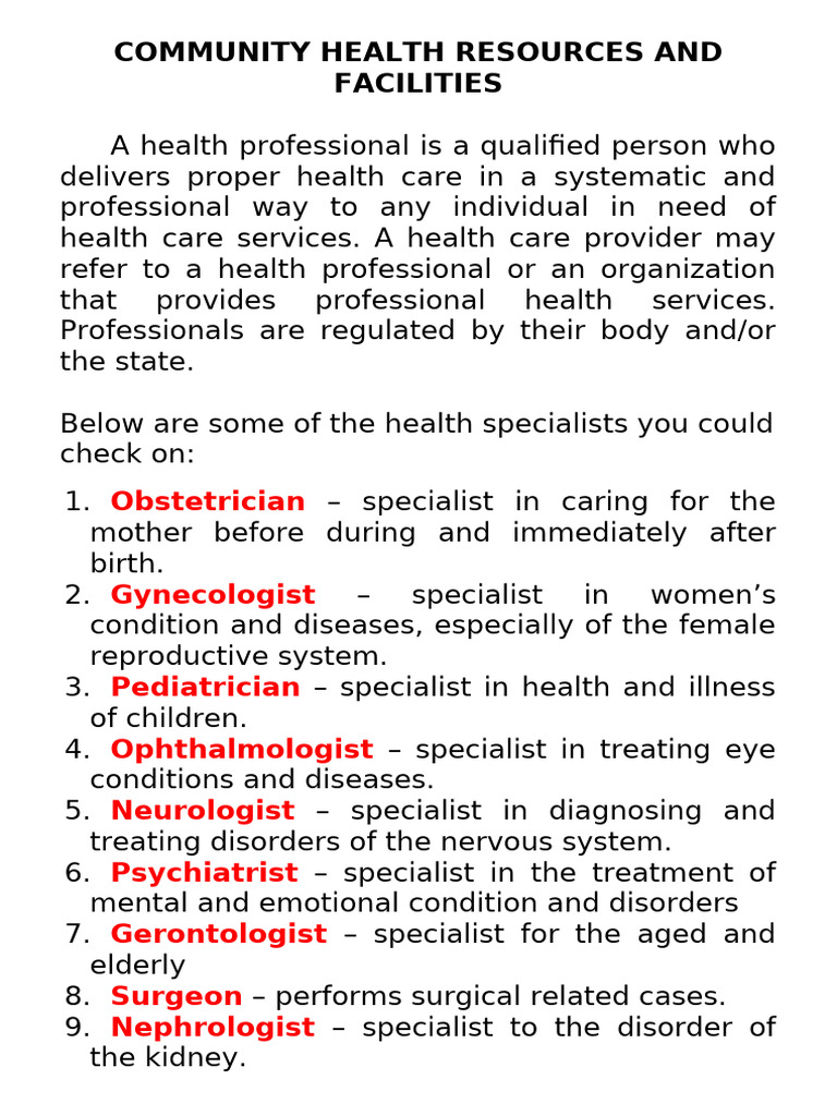 COMMUNITY HEALTH RESOURCES AND FACILITIES | PDF