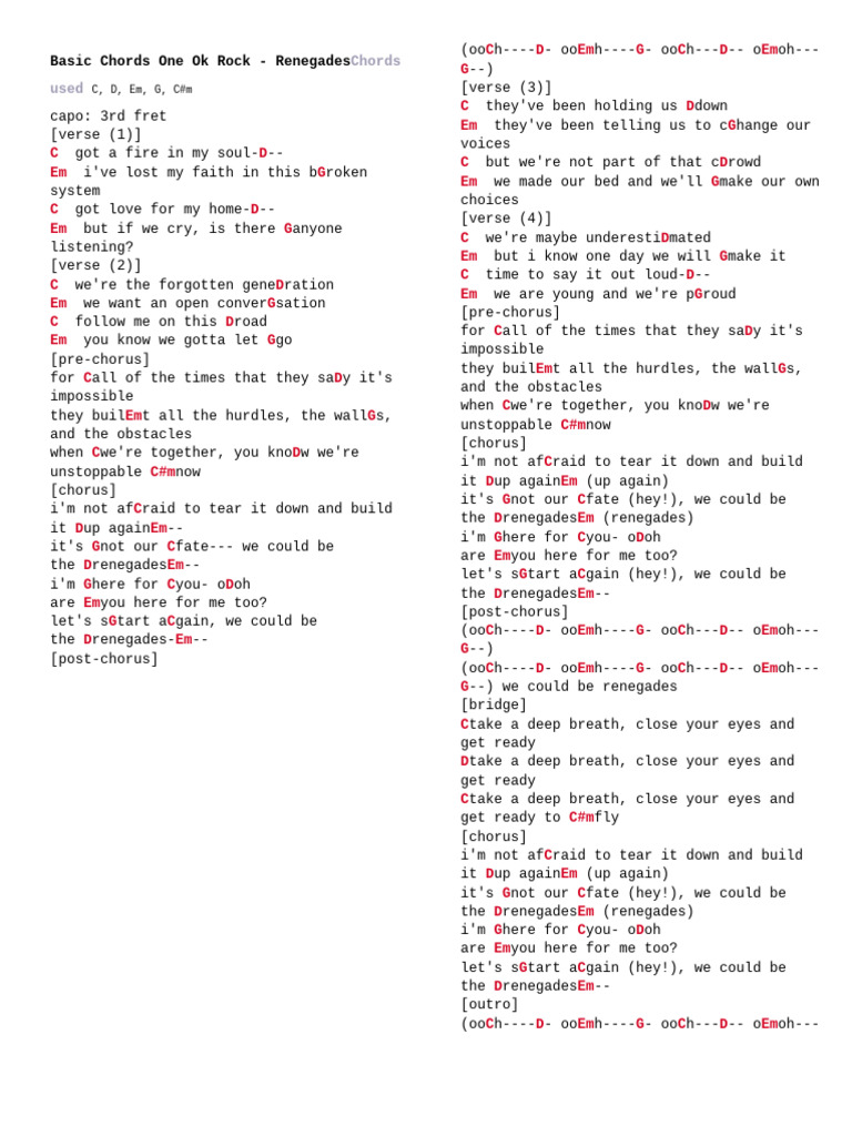 Basic Chords One Ok Rock | PDF | Song Structure | Guitars