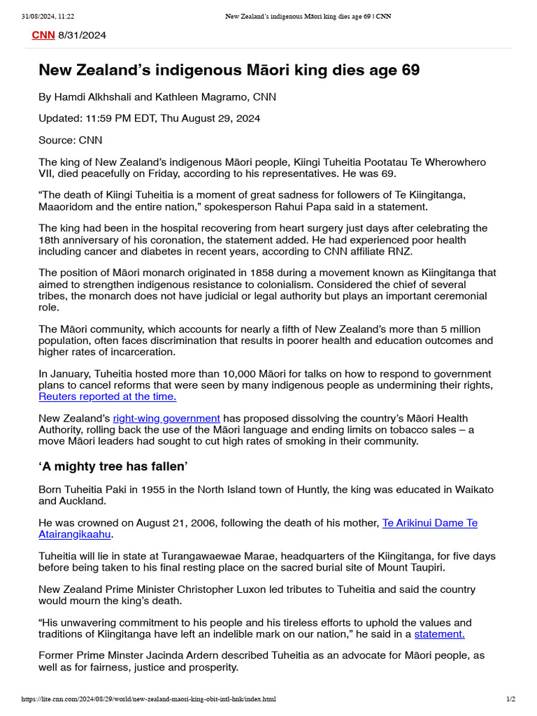 New Zealand’s indigenous Māori king dies age 69 _ CNN | PDF