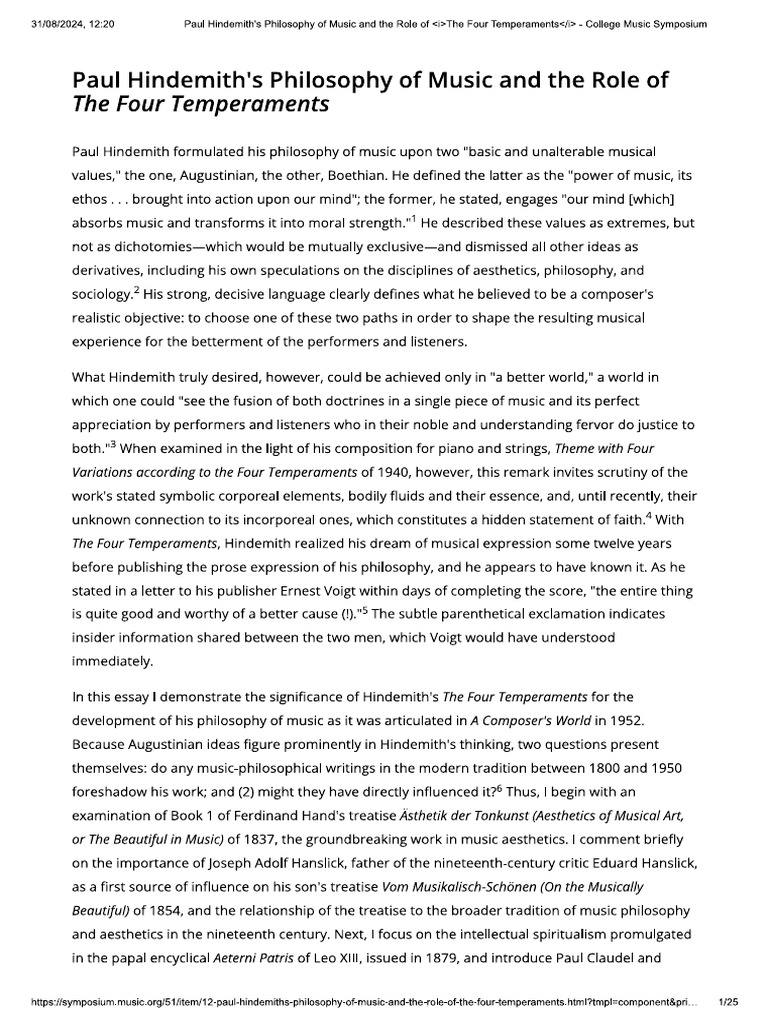 Hindemith's Philosophy of Music and The Role of The Four Temperaments | PDF