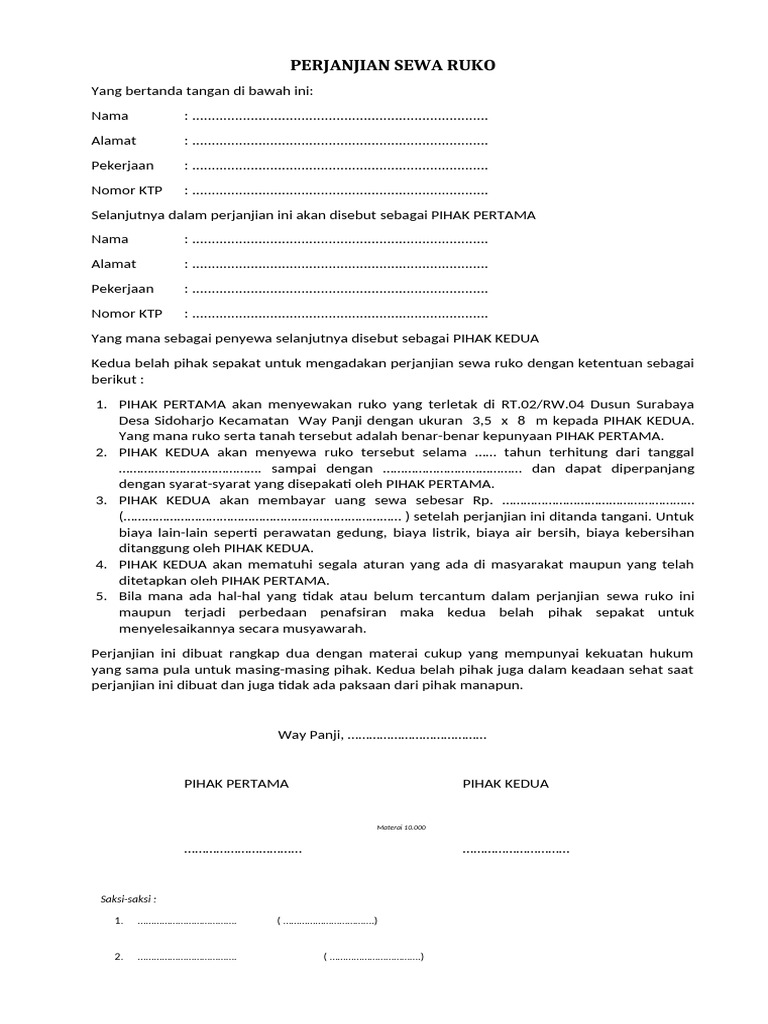 surat perjanjian sewa ruko | PDF