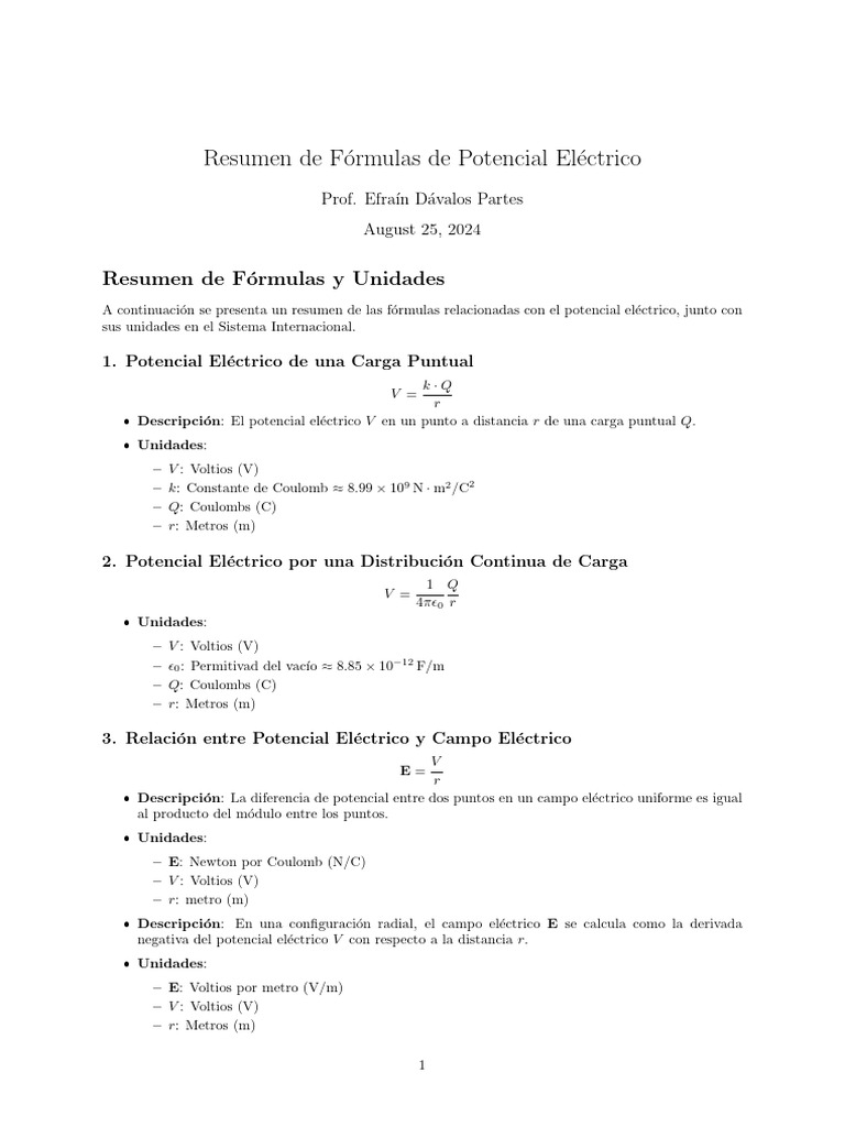 Formulario Potencial Electrico | PDF