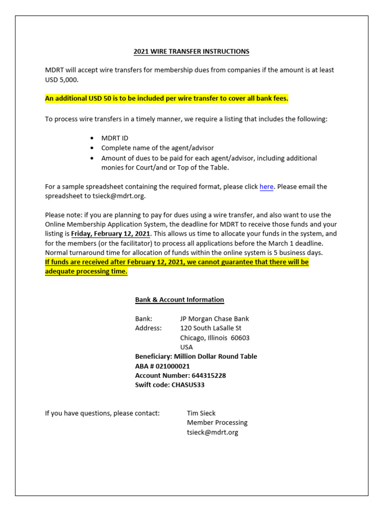 2021 Wire Transfer Instructions-English | PDF