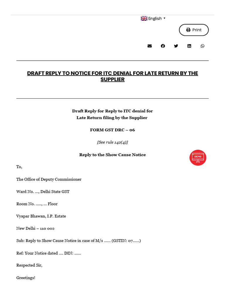 Draft Reply To Notice For ITC Denial For Late Return by The Supplier ...