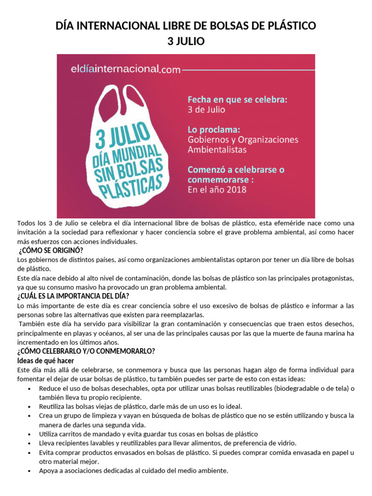 Día Internacional Libre de Bolsas de Plástico | PDF