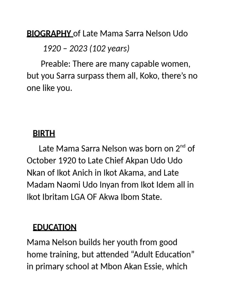 BIOGRAPHY of Late Mama Sarra Nelson Udo | PDF