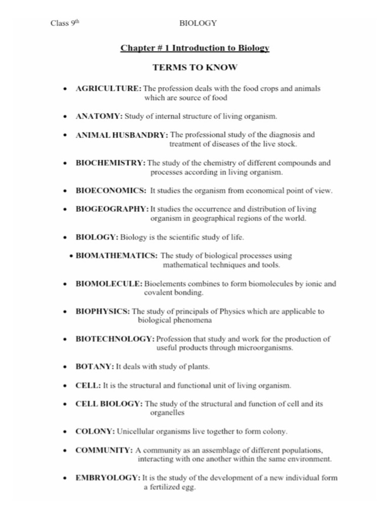 9 Biology Chapter 1 Definitions | PDF