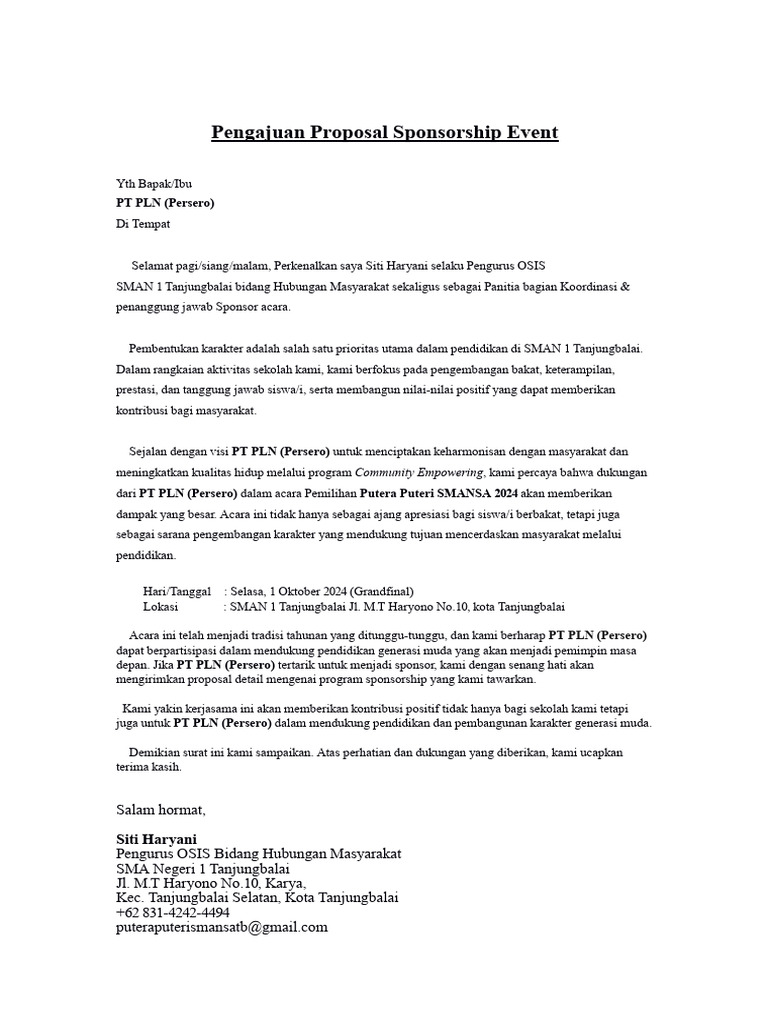 (PT PLN (Persero) ) Pengajuan Proposal Sponsorship Event Pemilihan ...