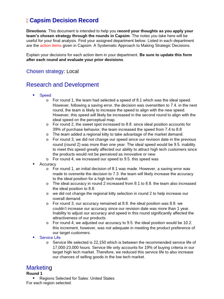Capsim Decision Record For Decision 1 | PDF | Debt | Inventory