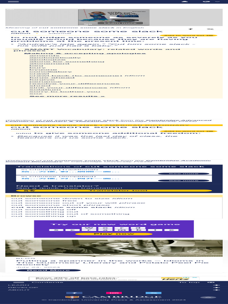 CUT SOMEONE SOME SLACK - Cambridge English Dictionary | PDF
