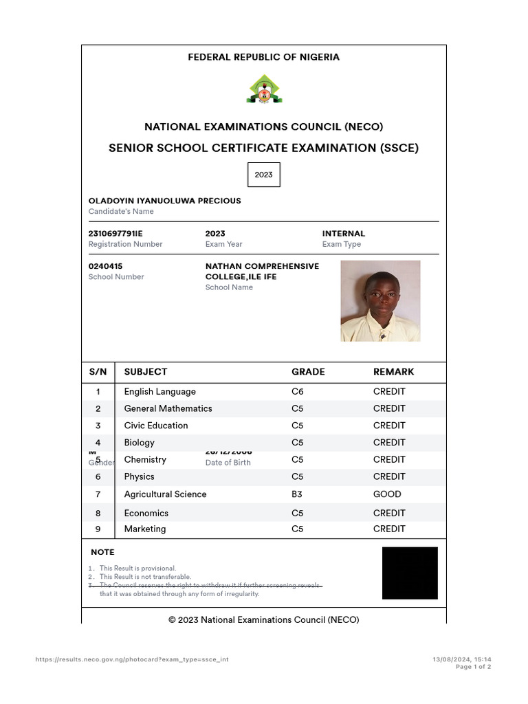 NECO Results Portal | PDF