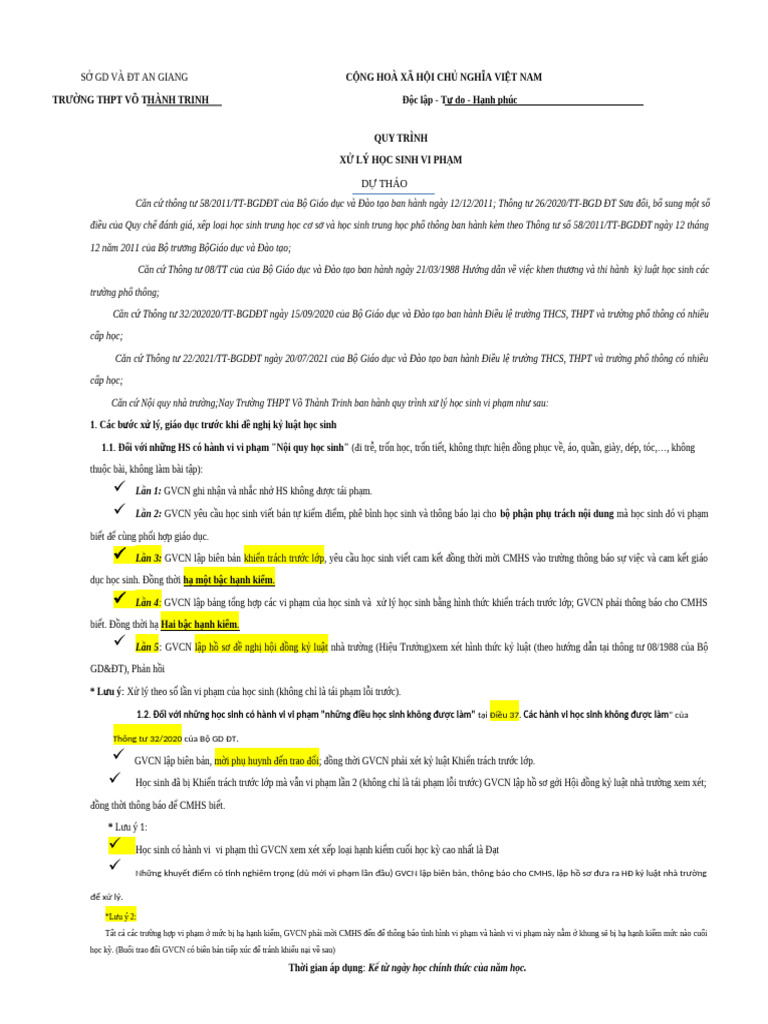 4. QUY TRÌNH XỬ LÝ HỌC SINH VI PHẠM - VTT | PDF