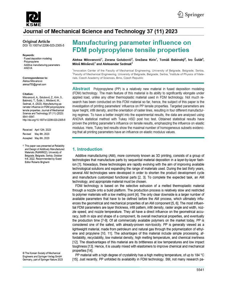 Manufacturing Parameter Influence On FDM Polypropylene Tensile Properties | PDF