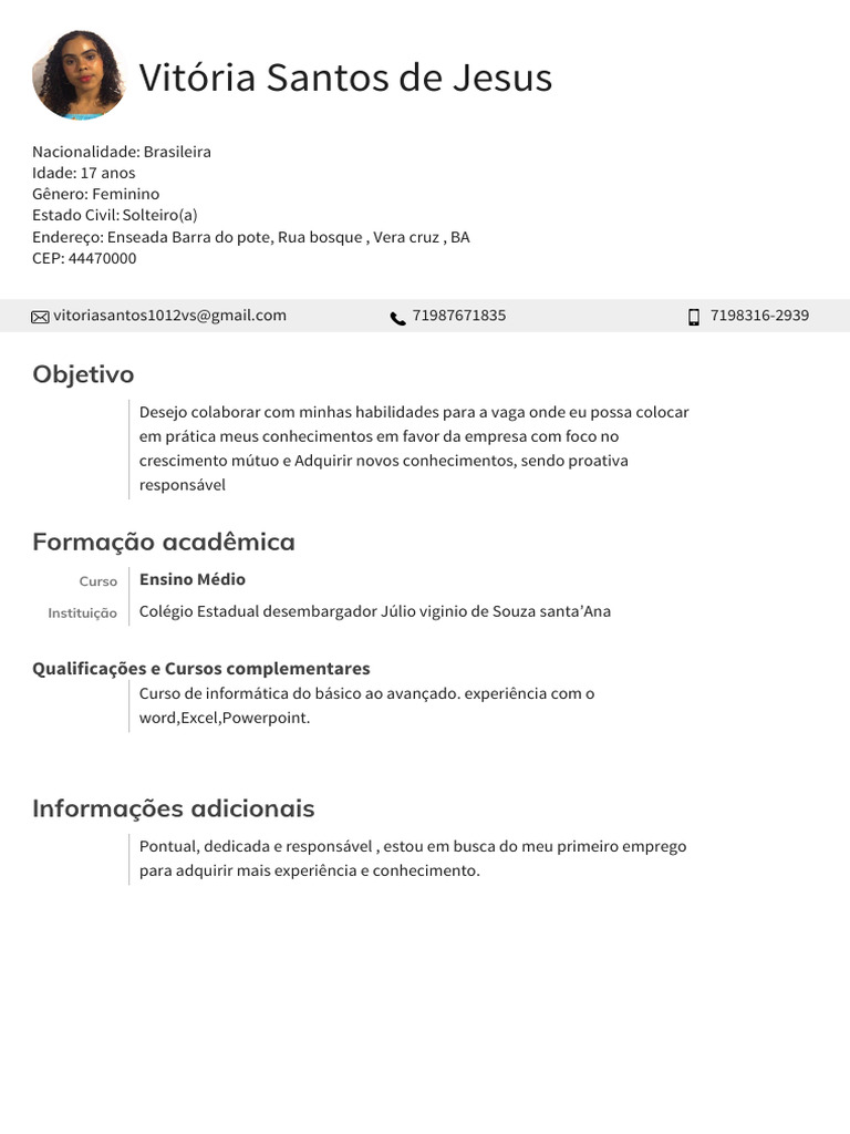 Vitória Santos de Jesus - Currículo-1 | PDF Vitória Santos de Jesus - Currículo-1 | PDF