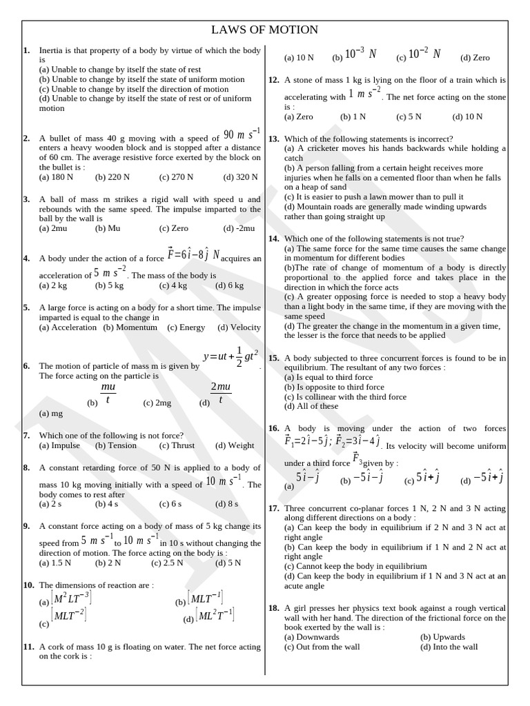 MNJ Laws of Motion Homework Ans | PDF