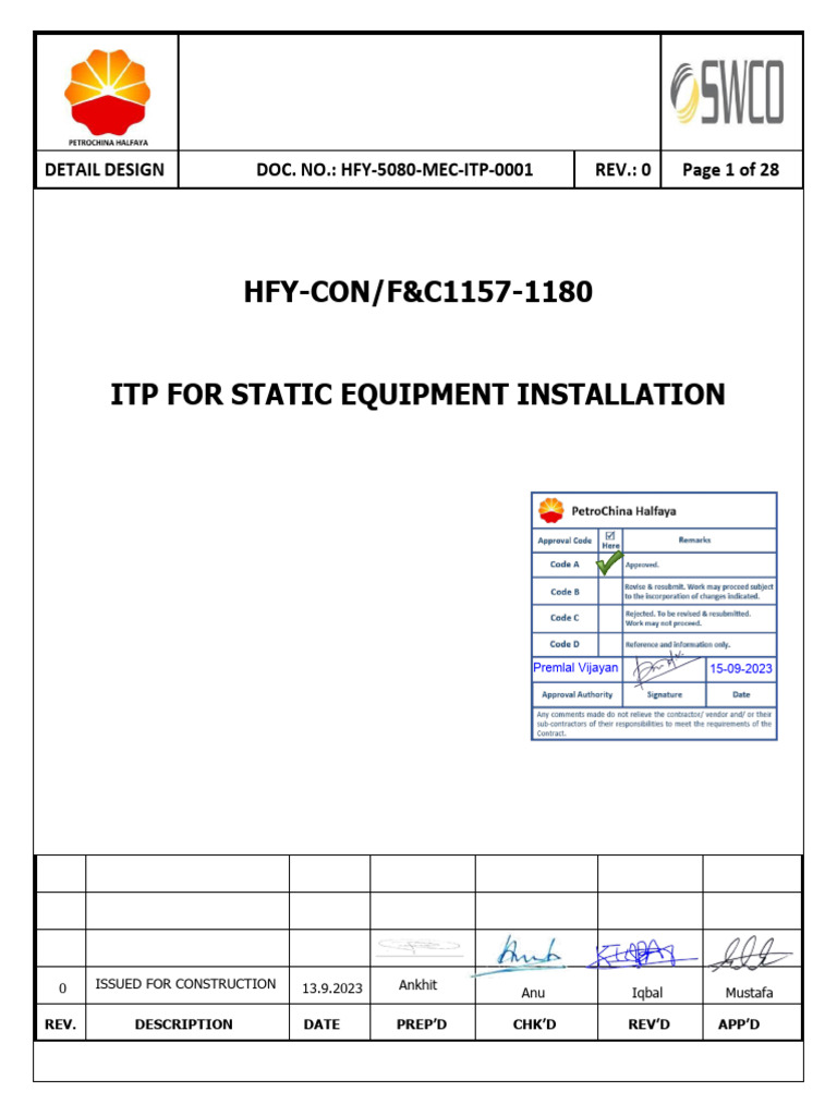 Static Equipment Installation ITP Document | PDF | Specification ...