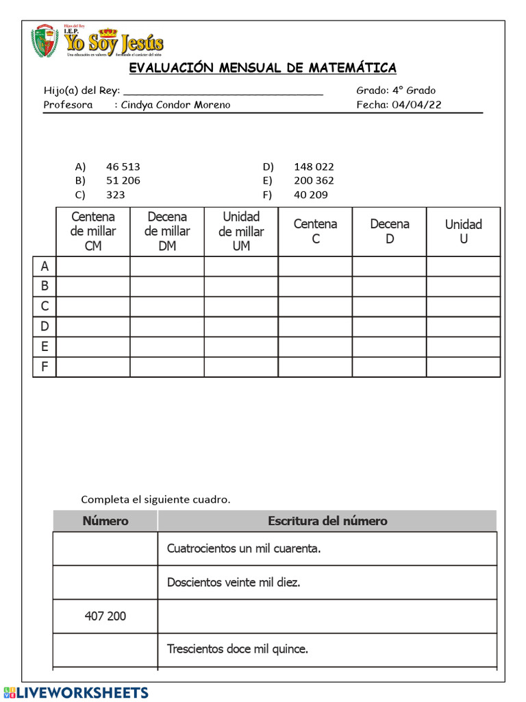 Evaluación Mensual de 4to Grado Unidades en Matemática | PDF