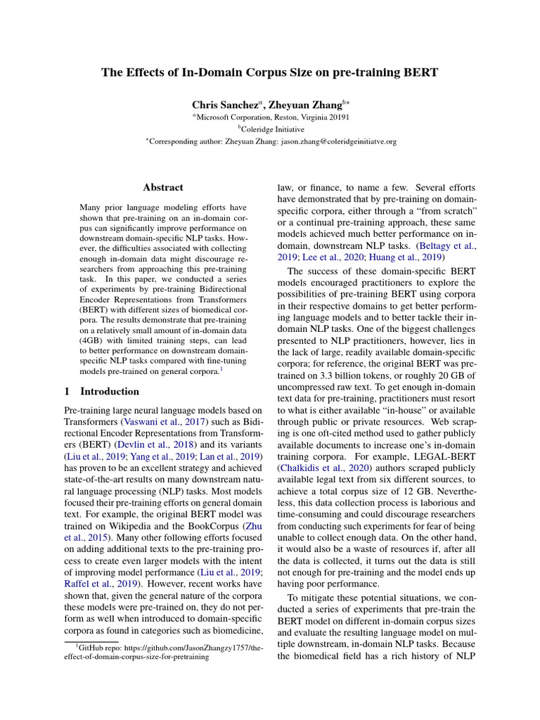 The Effects of In-Domain Corpus Size On Pre-Training BERT | PDF