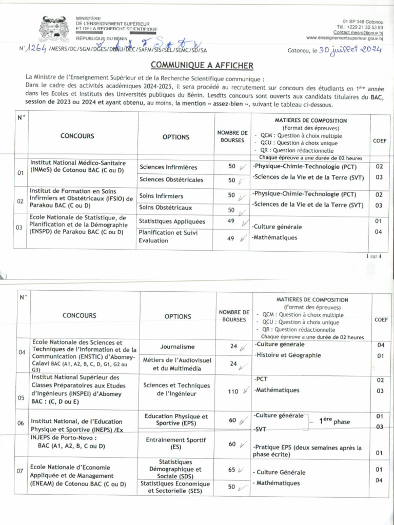 1364 Communiqué À Afficher Concours Inmes-Ifsio-Enspd-Enstic-Eneam ...
