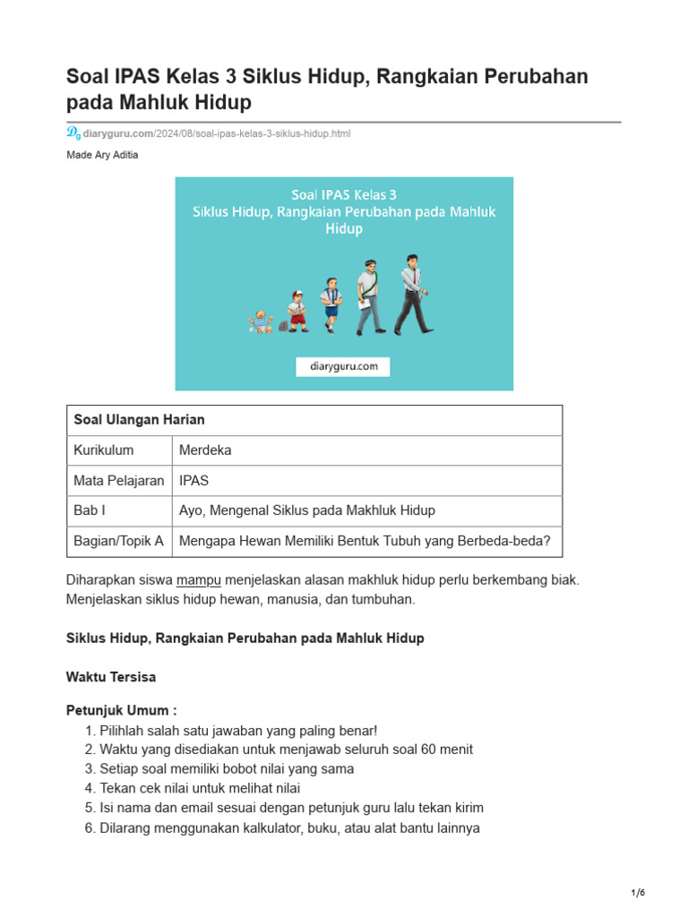 Soal IPAS Kelas 3 Siklus Hidup Rangkaian Perubahan Pada Mahluk Hidup | PDF