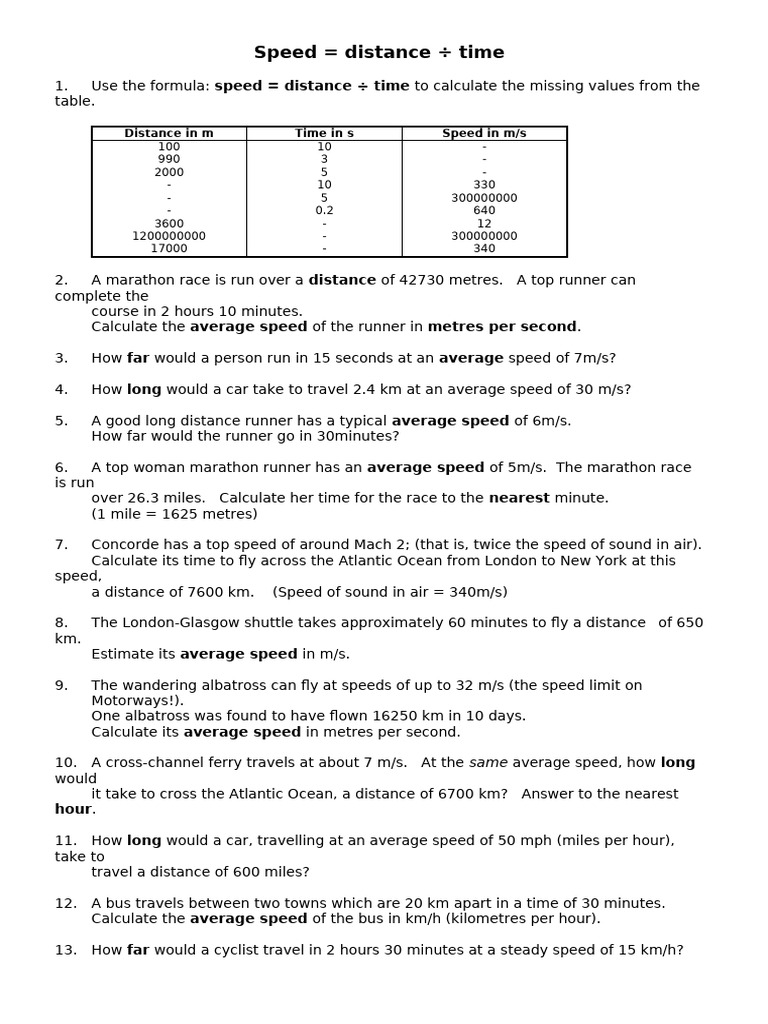 Speed Calculations (Worksheet) | PDF