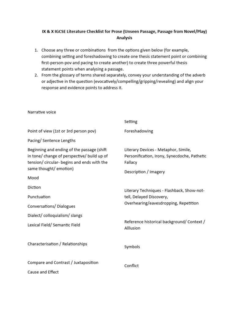 Paper 1 Prose Analysis Checklist | PDF