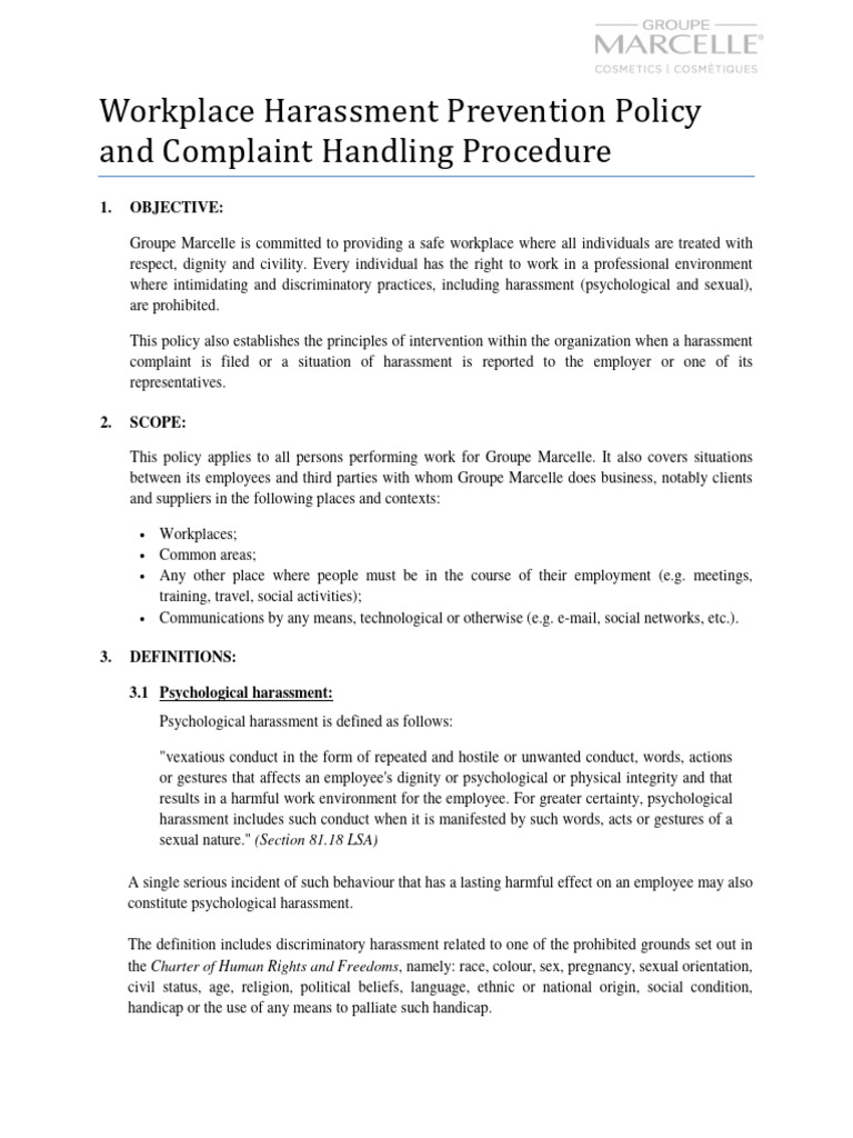 Workplace Harassment Prevention Policy | PDF
