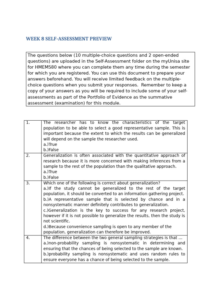 Week 08 Resource 2 Self-Assessment Preview | PDF