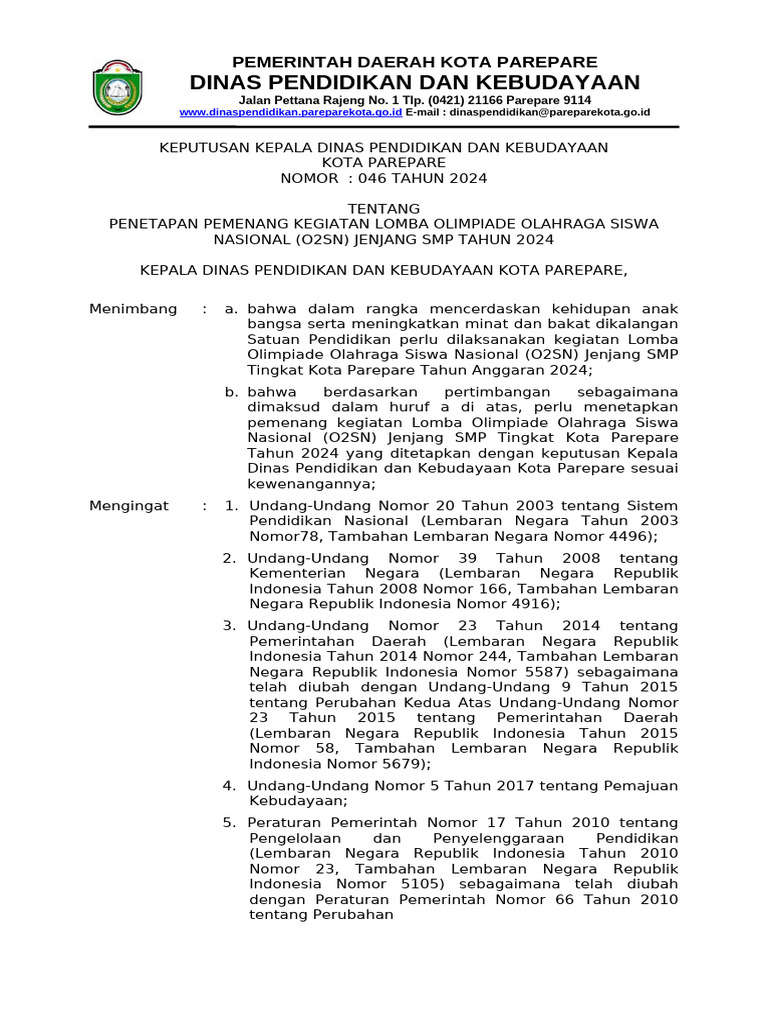 SK Dinas Penetapan Pemenag Lomba O2sn SMP | PDF