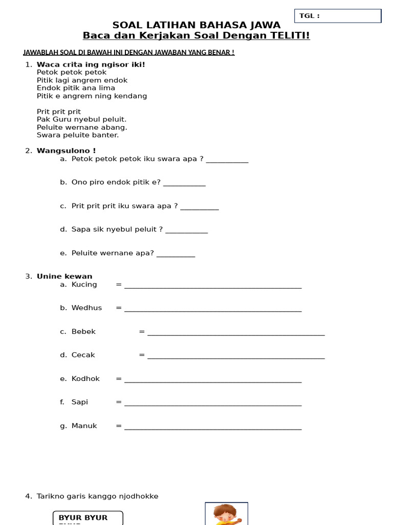 Soal Latihan Bahasa Jawa Kelas 1 | PDF