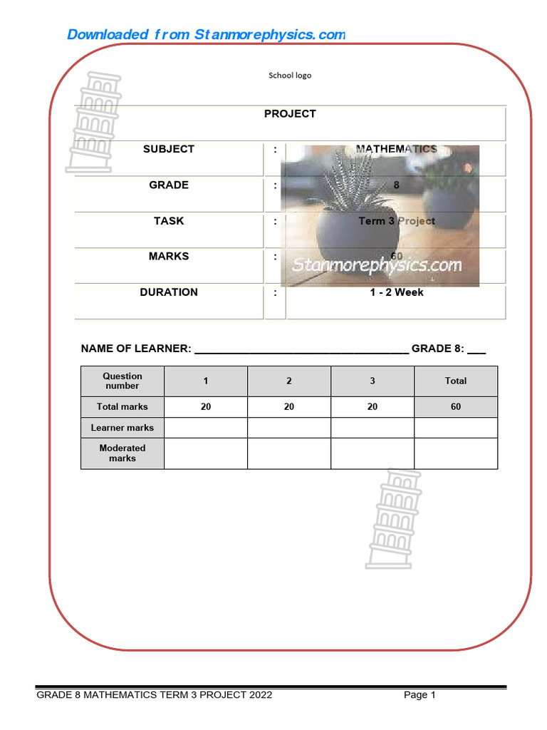 GP Maths Grade 8 Project 2022 TERM 3 QP and Memo | PDF