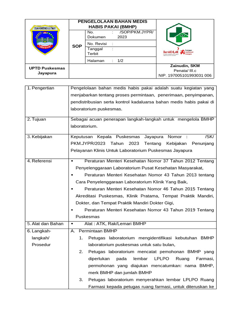 SOP Pengenlolaan BMHP | PDF