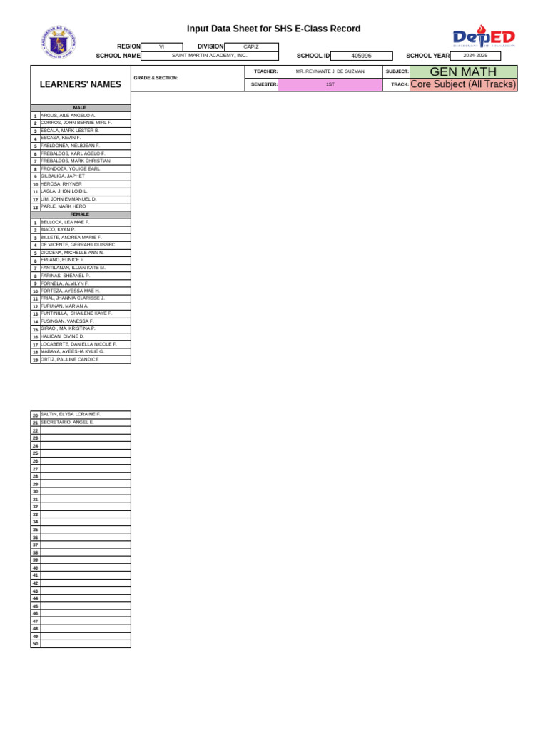 Shs e Class Record g11 Stem Gen Math | PDF