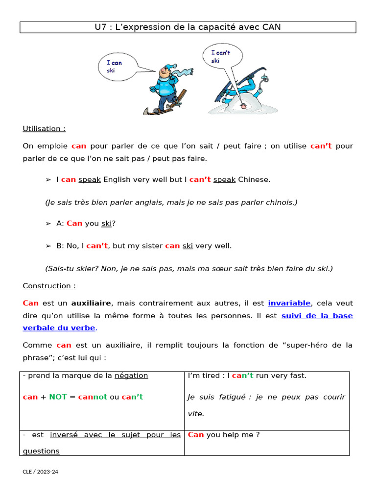 ESL Young Learners - Can / Can't - in French | PDF