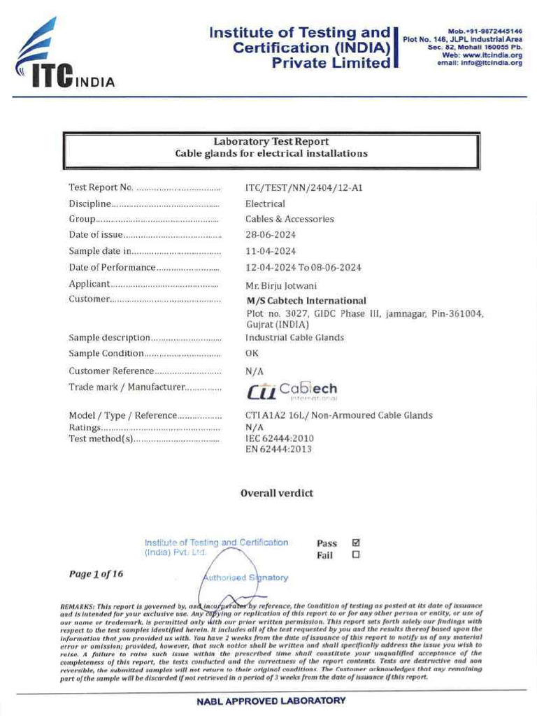 A1A2 40L Unarmoured Cable Gland Cabtech CTI - CE Test Report Per BS ...