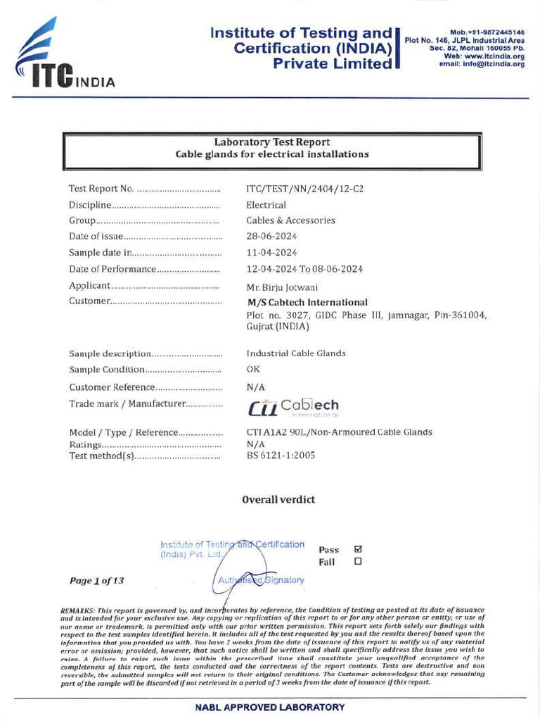 A1A2 90L Unarmoured Cable Gland Cabtech CTI - CE Test Report Per BS ...