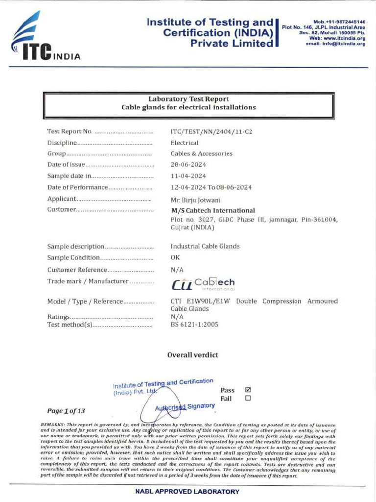 E1W 90L Double Compression Armoured Cable Gland-CE-Final Test Report ...