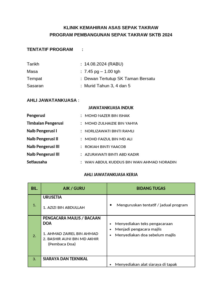 Ahli Jawatankuasa Bengkel 1S1J Sepak Takraw SKTB 2024 | PDF