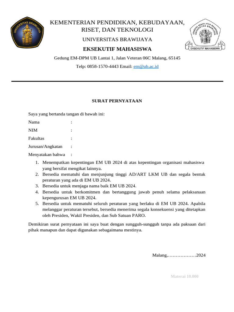 Surat Pernyataan EM UB 2024 | PDF