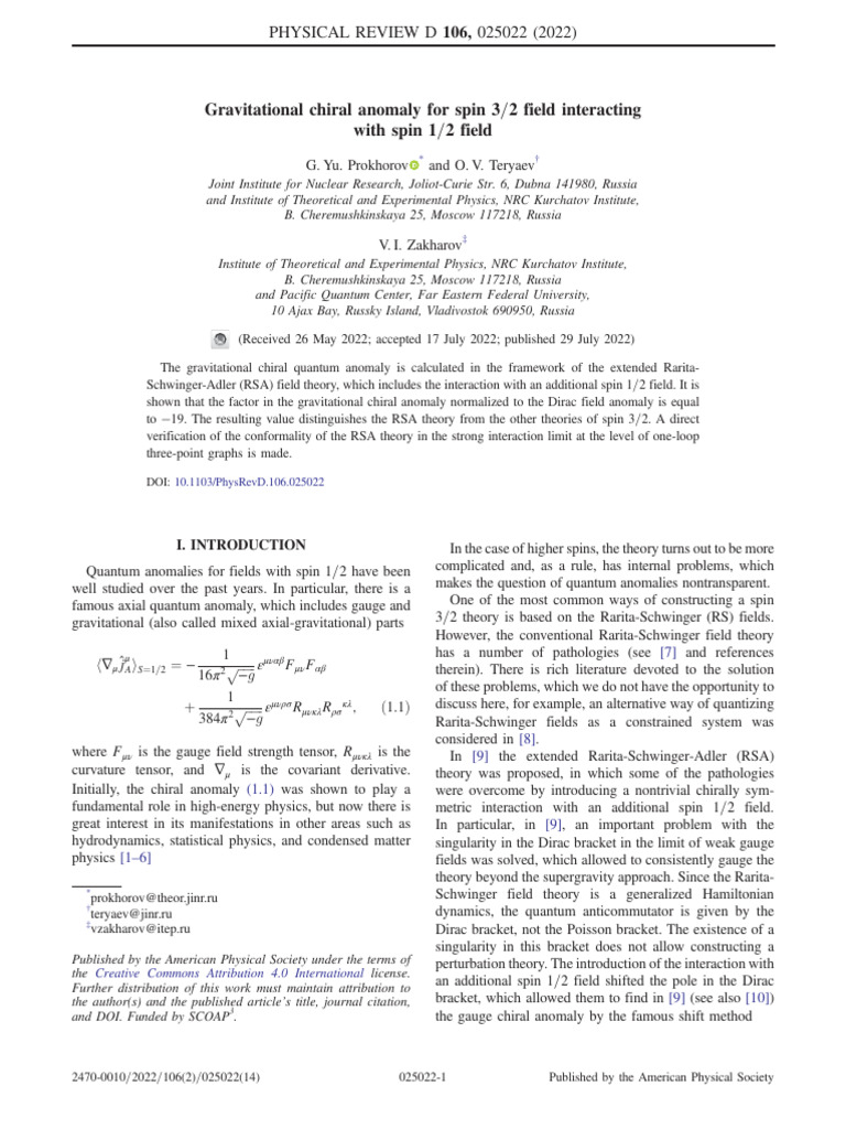 Gravitational Chiral Anomaly For Spin 3 2 Field Interacting With Spin 1 ...
