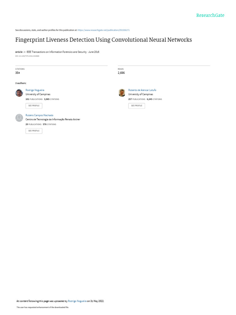 Fingerprint Liveness Detection Using Convolutional Neural Networks 3885387dvtwkv | PDF