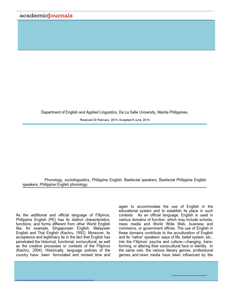 Phonological Features of Basilectal Philippine English: An Exploratory ...